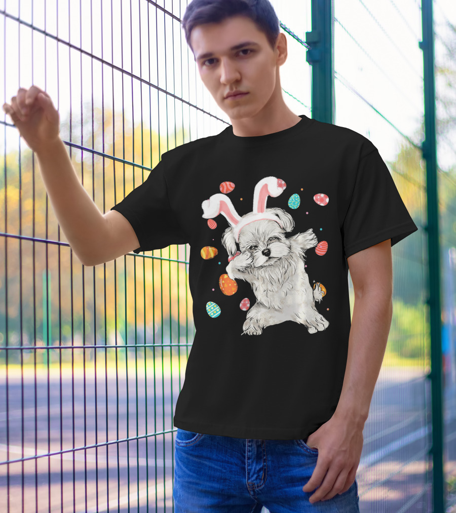 Dabbing Maltese Dog With Easter Bunny Ears And Colorful Eggs T-Shirt