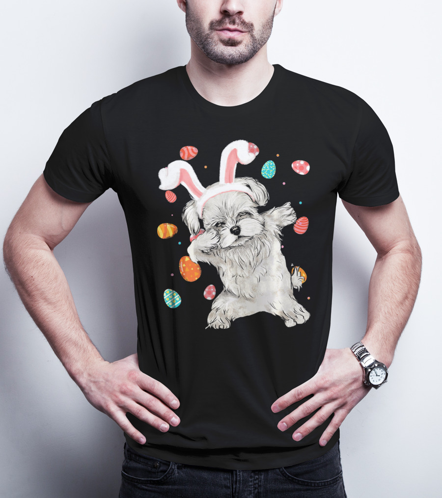Dabbing Maltese Dog With Easter Bunny Ears And Colorful Eggs T-Shirt