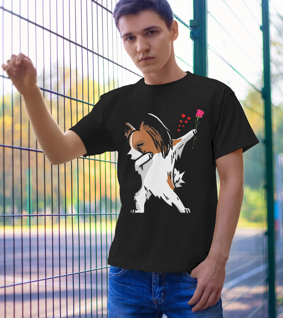 Dabbing Papillon Dog Holding Rose With Hearts For Valentines Day T-Shirt