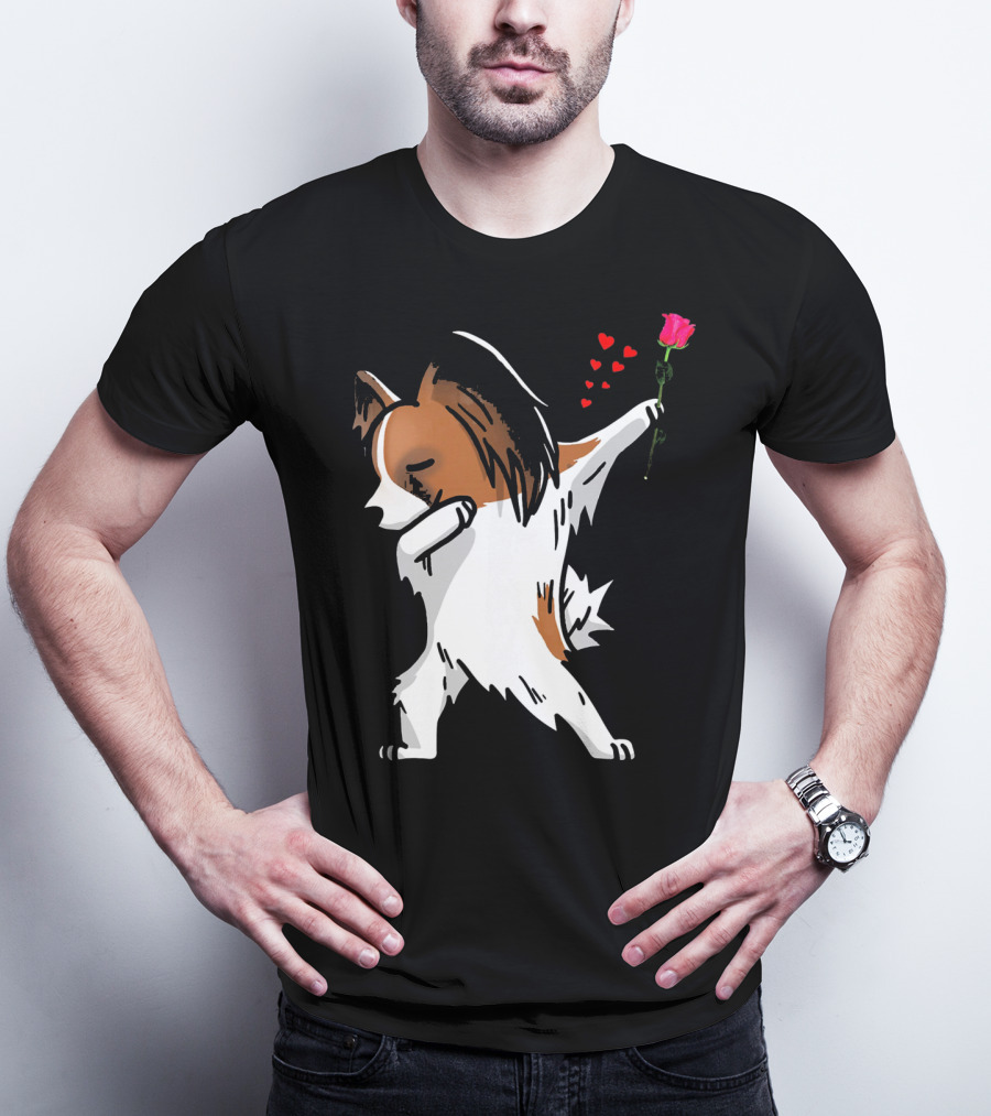 Dabbing Papillon Dog Holding Rose With Hearts For Valentines Day T-Shirt