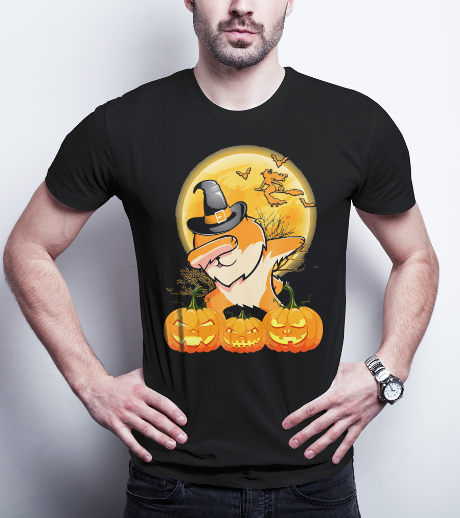 Dabbing Pomeranian Dog Halloween Pumpkin Witch Moon T-Shirt
