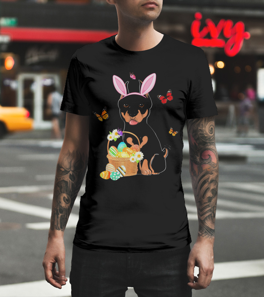 Doberman Bunny Hat Rabbit With Basket Of Easter Eggs And Butterflies T-Shirt