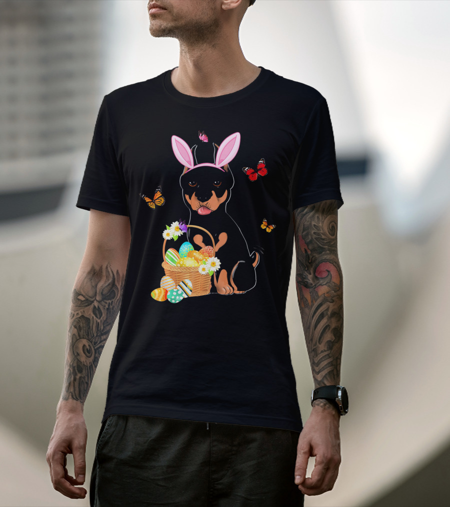 Doberman Bunny Hat Rabbit With Basket Of Easter Eggs And Butterflies T-Shirt