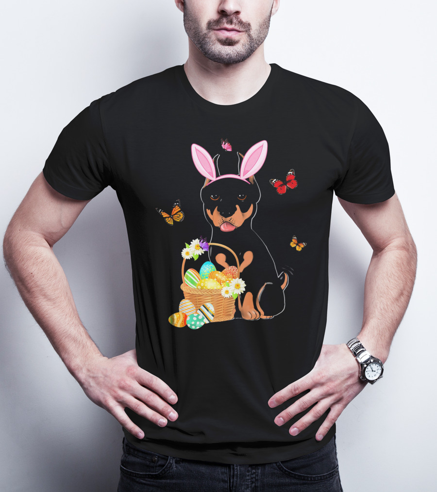 Doberman Bunny Hat Rabbit With Basket Of Easter Eggs And Butterflies T-Shirt