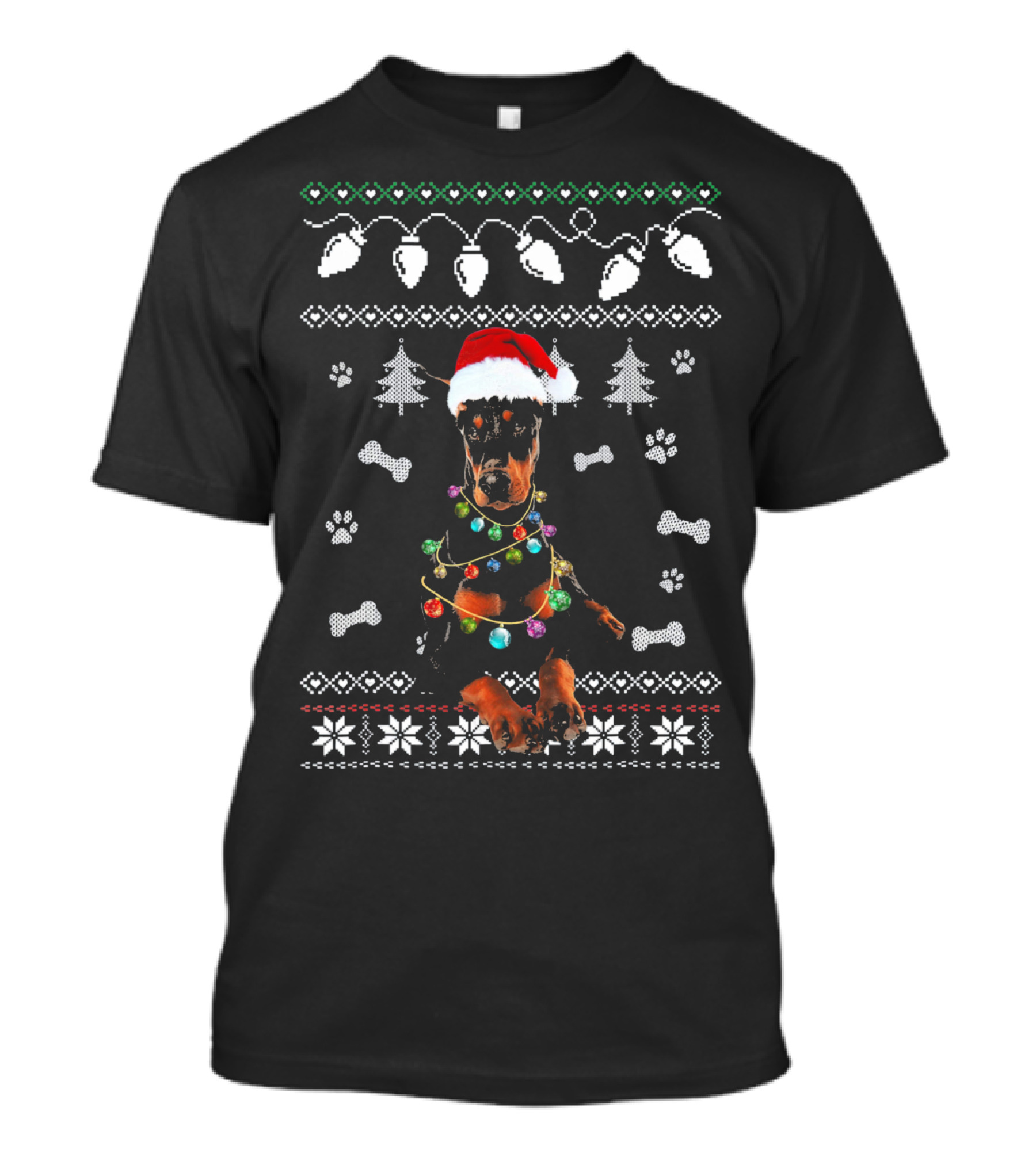 Doberman Festive Santa Hat Lights Christmas T-Shirt