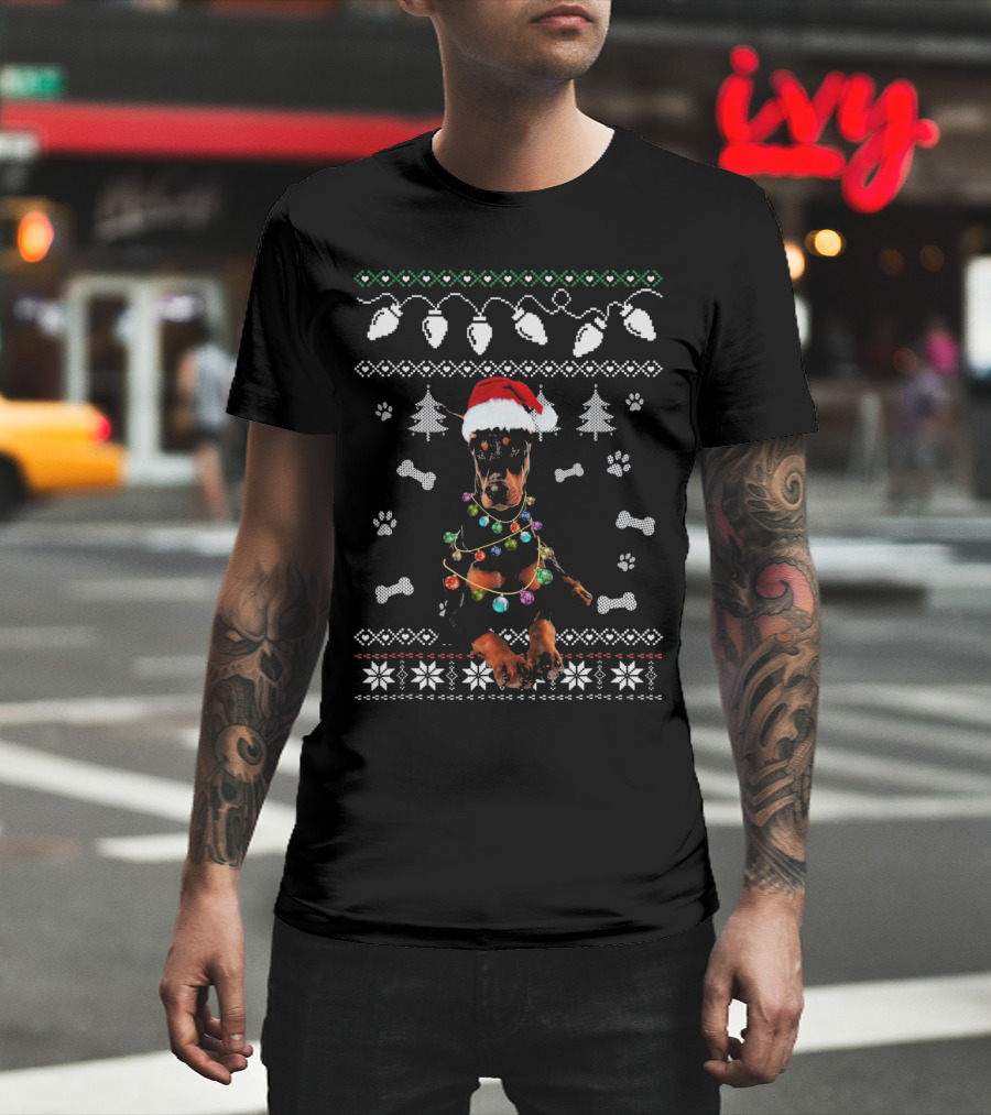 Doberman Festive Santa Hat Lights Christmas T-Shirt