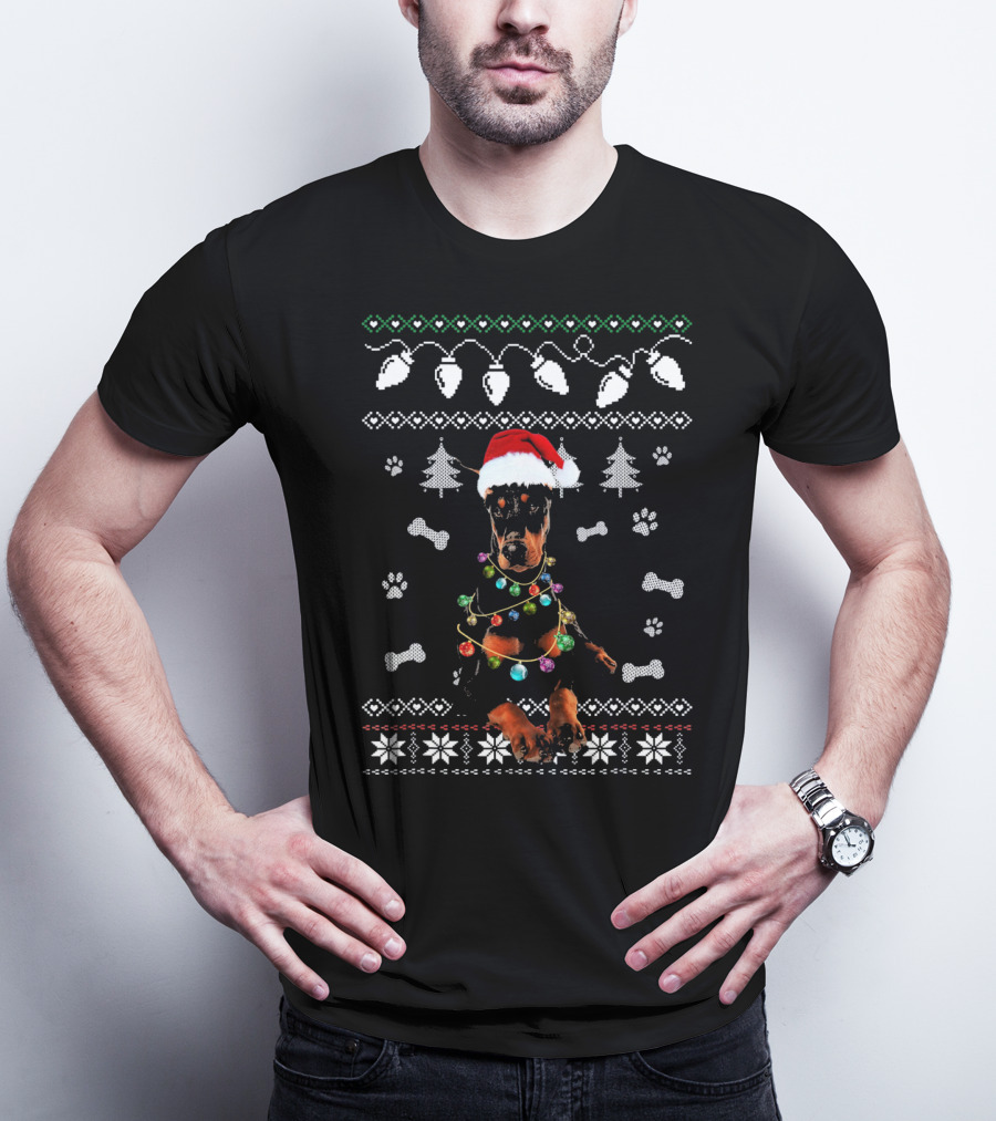 Doberman Festive Santa Hat Lights Christmas T-Shirt