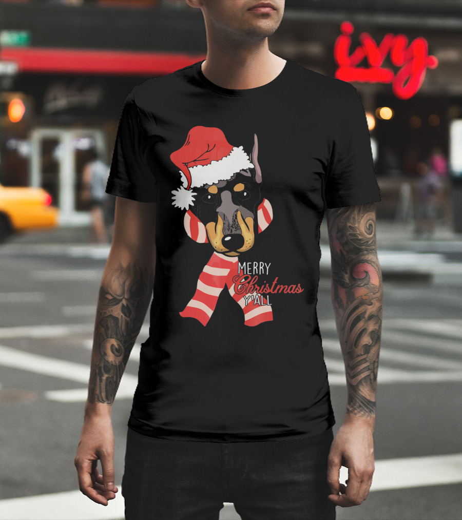 Merry Christmas Y'all Doberman Dog With Santa Hat And Candy Cane Stripes T-Shirt