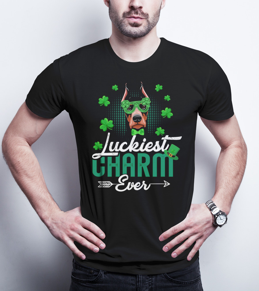 Luckiest Charm Ever Doberman Patrick's Day Shamrock Glasses T-Shirt