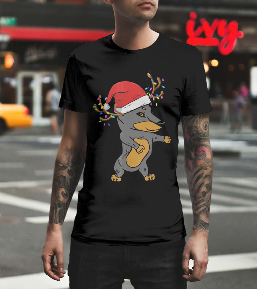 Christmas Doberman Santa Hat Reindeer Antlers Lights Dog Lovers T-Shirt