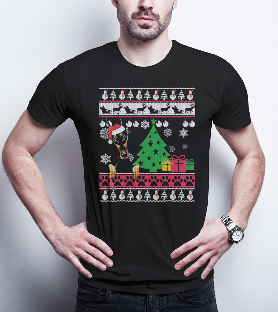 Doberman Christmas Sweater With Santa Hat And Festive Decorations T-Shirt