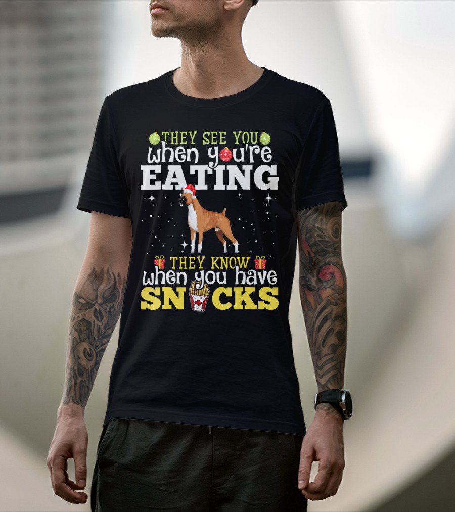 They See You When You're Eating They Know When You Have Snacks Boxer Dog Christmas T-Shirt