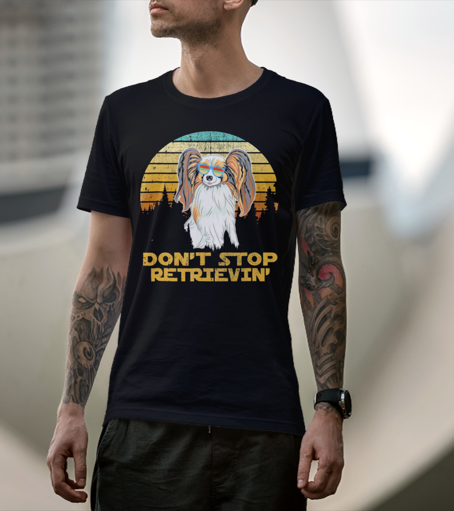 Don't Stop Retrievin' Papillon Sunglasses Retro Sunset T-Shirt