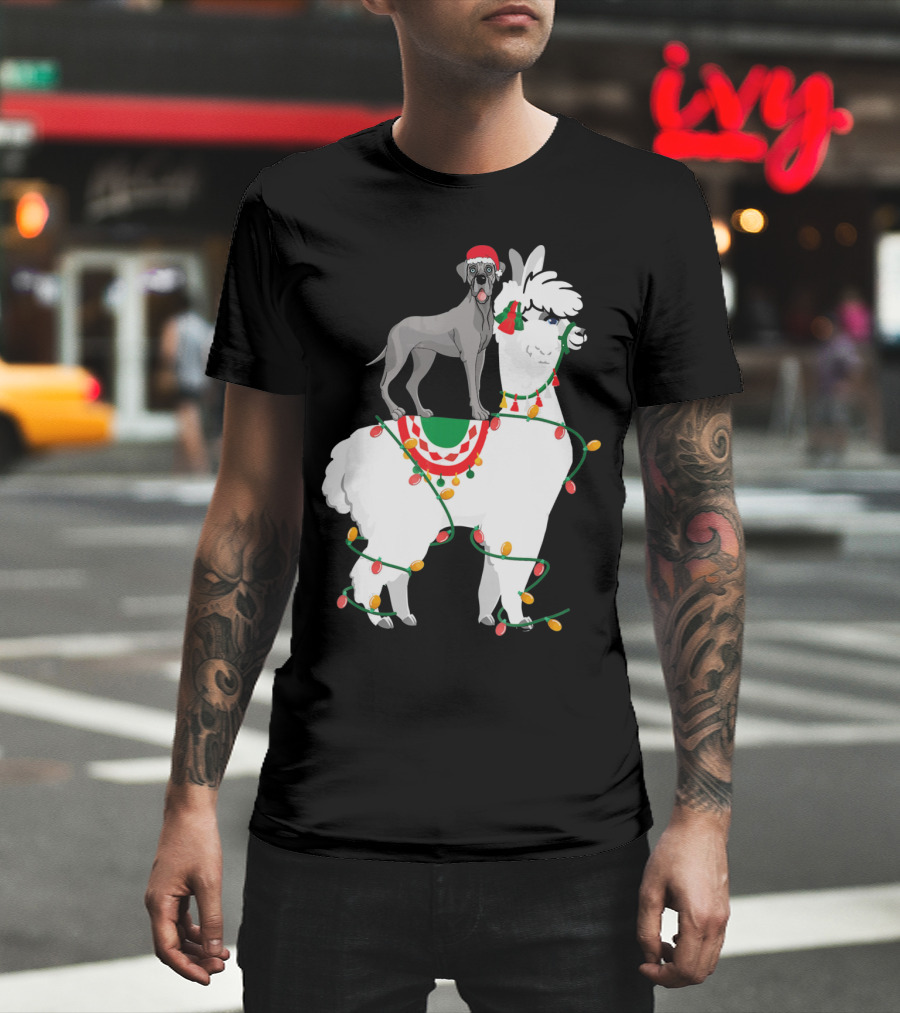 Fa La LLAMA Great Dane With Santa Hat On Llama Christmas Lights T-Shirt