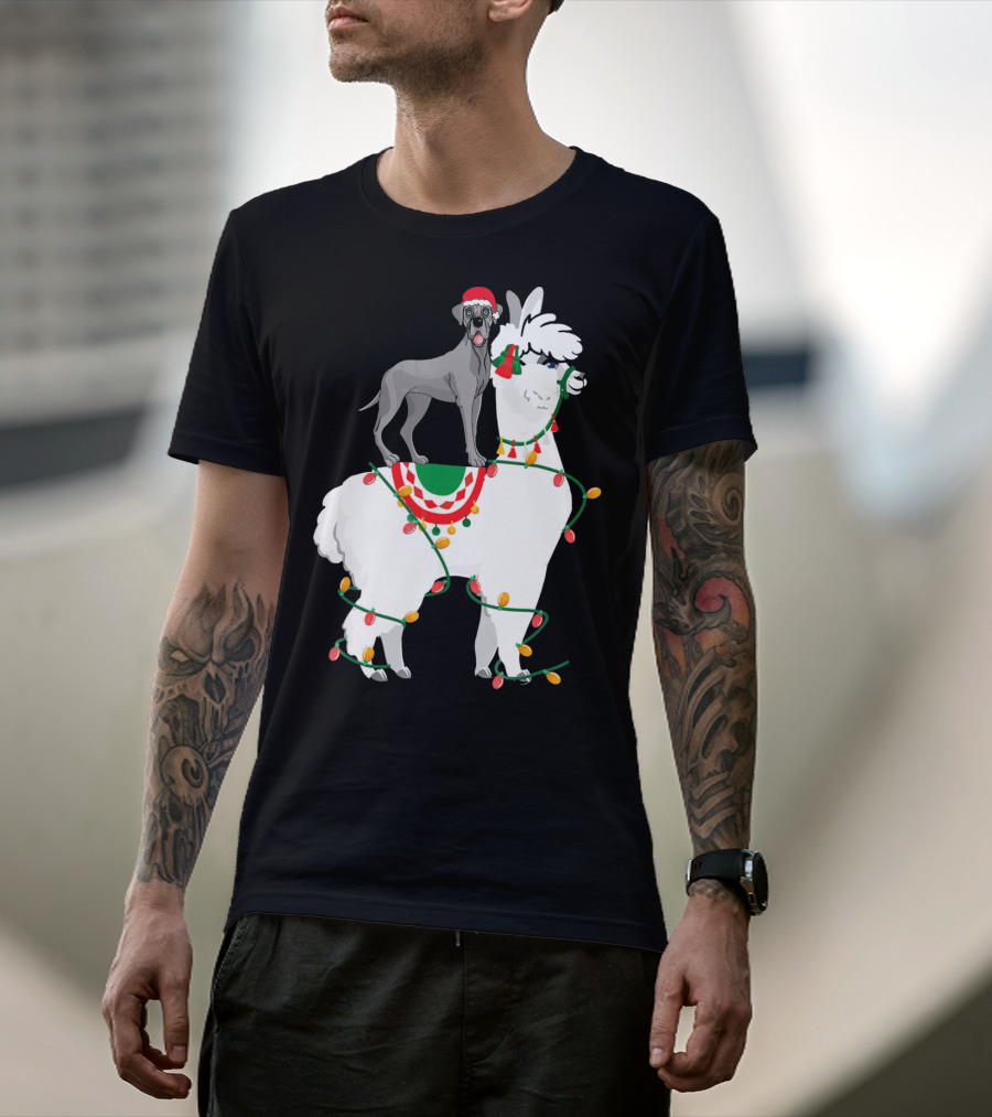 Fa La LLAMA Great Dane With Santa Hat On Llama Christmas Lights T-Shirt