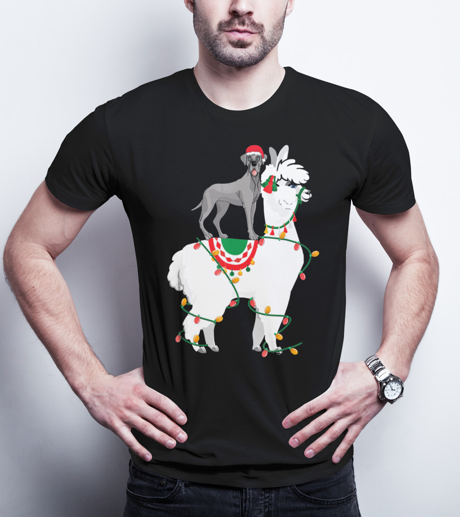 Fa La LLAMA Great Dane With Santa Hat On Llama Christmas Lights T-Shirt