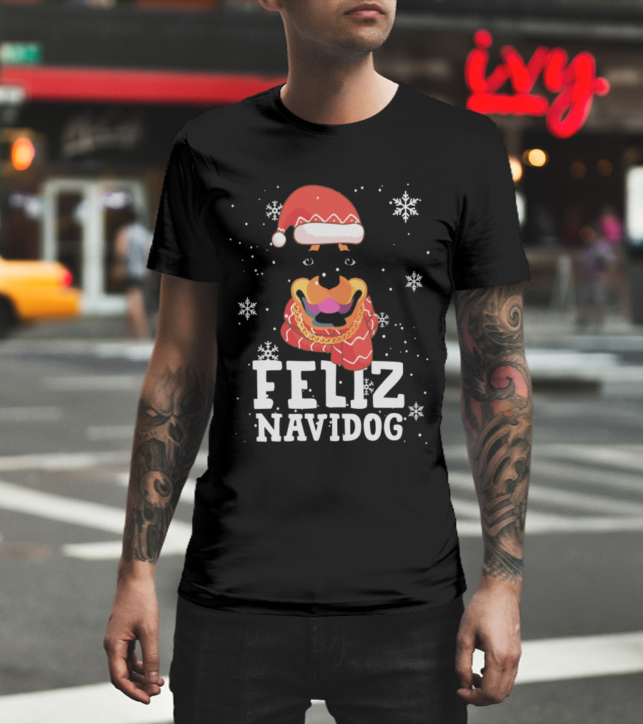 Feliz Navidog Rottweiler Christmas Santa Hat Snowflakes Ugly Sweaters T-Shirt