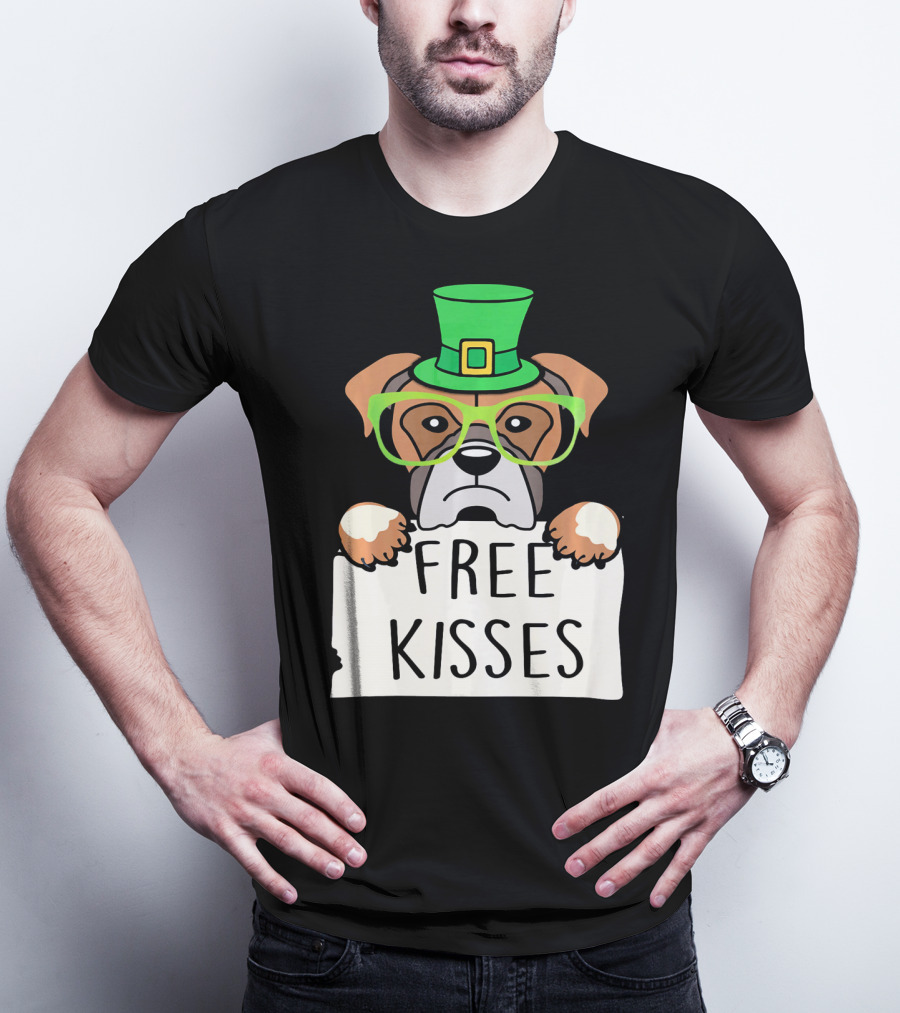 Free Kisses Boxer Dog Leprechaun St Patrick Hat Green Glasses T-Shirt