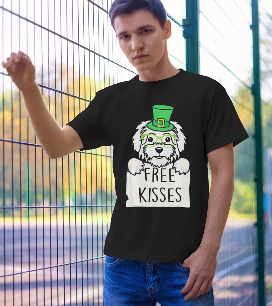 Free Kisses Maltese Dog With Green Leprechaun Hat St Patricks T-Shirt