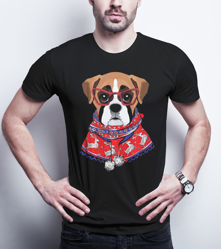 Funny Boxer Dog With Glasses In Christmas Scarf Holiday Look T-Shirt