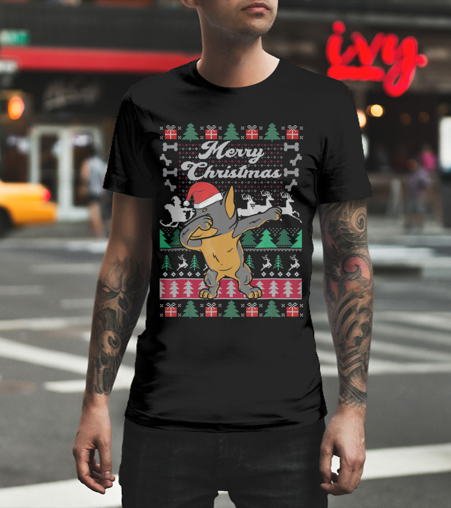 Merry Christmas Doberman Dabbing In Santa Hat With Holiday Symbols T-Shirt