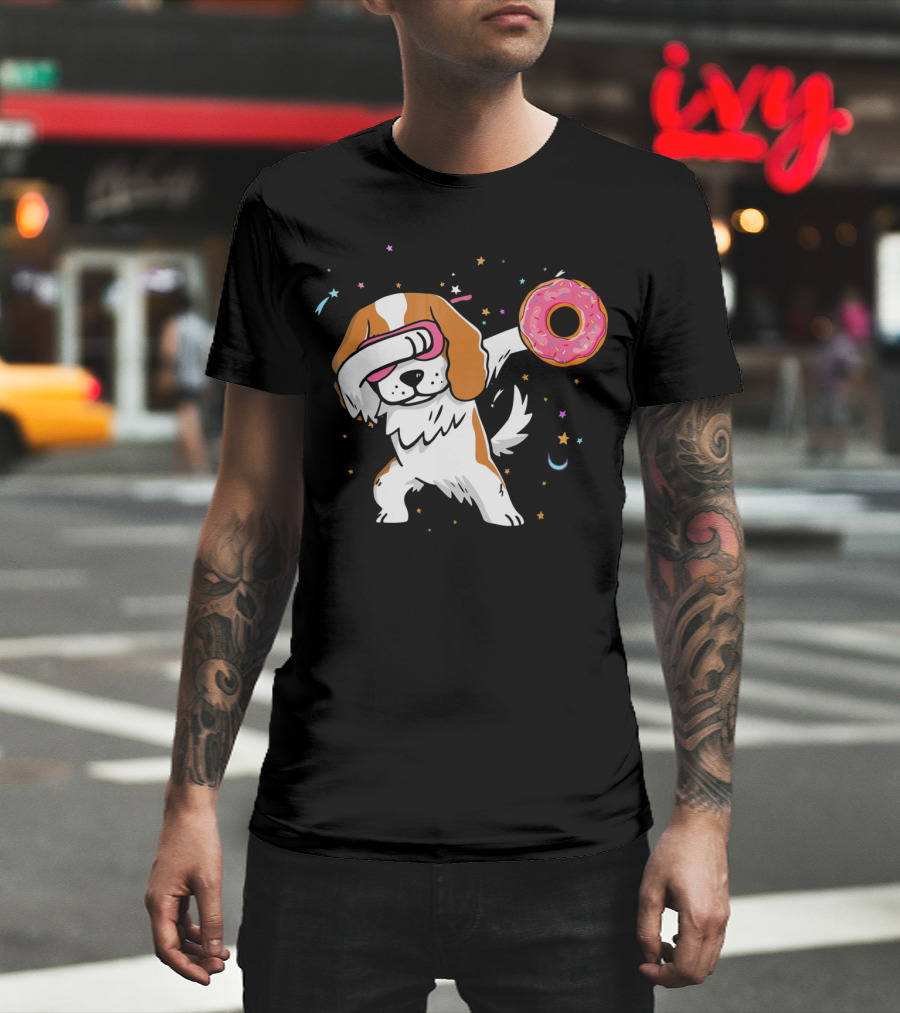 Funny Dabbing Cavalier King Charles Spaniel With Pink Frosted Donut T-Shirt