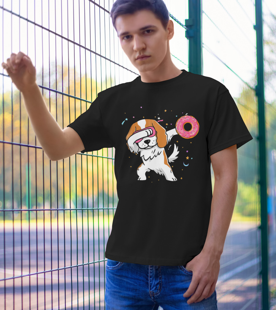 Funny Dabbing Cavalier King Charles Spaniel With Pink Frosted Donut T-Shirt