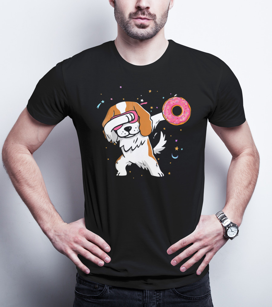 Funny Dabbing Cavalier King Charles Spaniel With Pink Frosted Donut T-Shirt