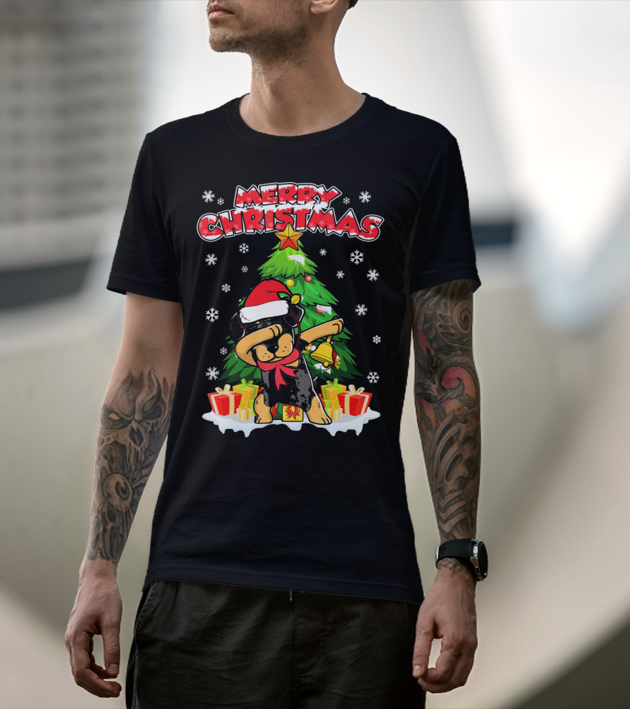 Merry Christmas Dabbing Rottweiler With Santa Hat And Gifts T-Shirt