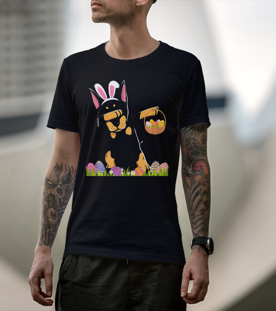 Doberman Dabbing With Bunny Ears And Easter Basket Of Eggs T-Shirt