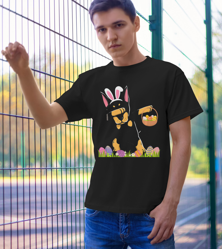 Doberman Dabbing With Bunny Ears And Easter Basket Of Eggs T-Shirt
