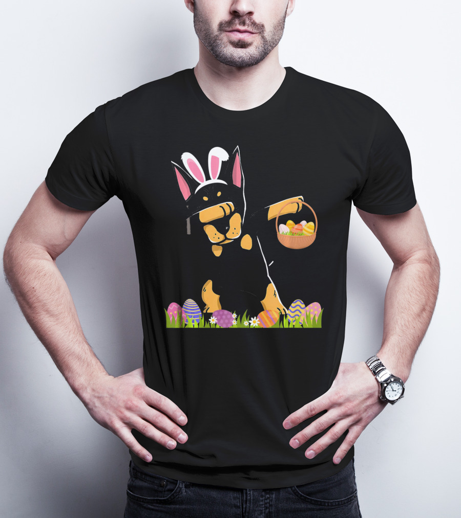 Doberman Dabbing With Bunny Ears And Easter Basket Of Eggs T-Shirt