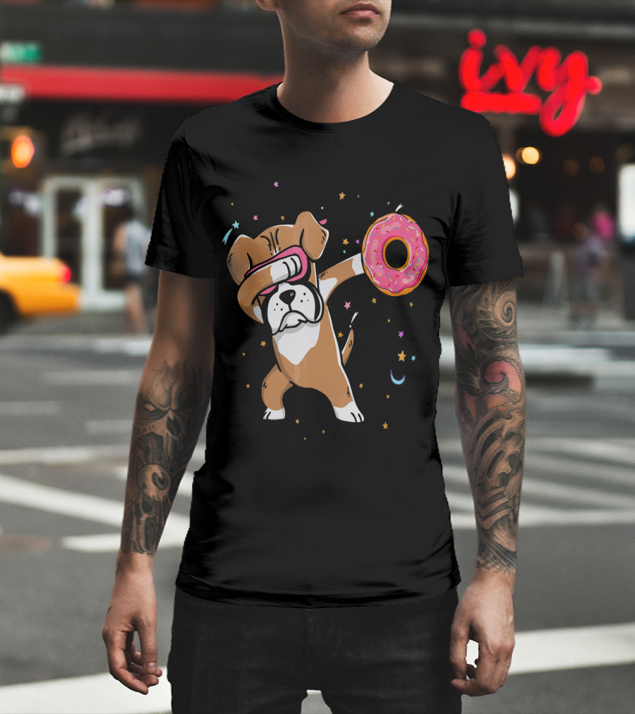 Funny Donut Day Dabbing Boxer With Sprinkled Donut In Stars And Moon T-Shirt