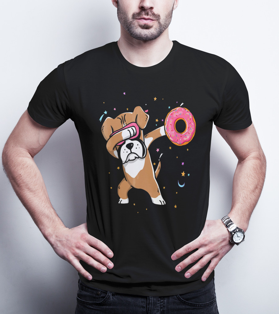 Funny Donut Day Dabbing Boxer With Sprinkled Donut In Stars And Moon T-Shirt