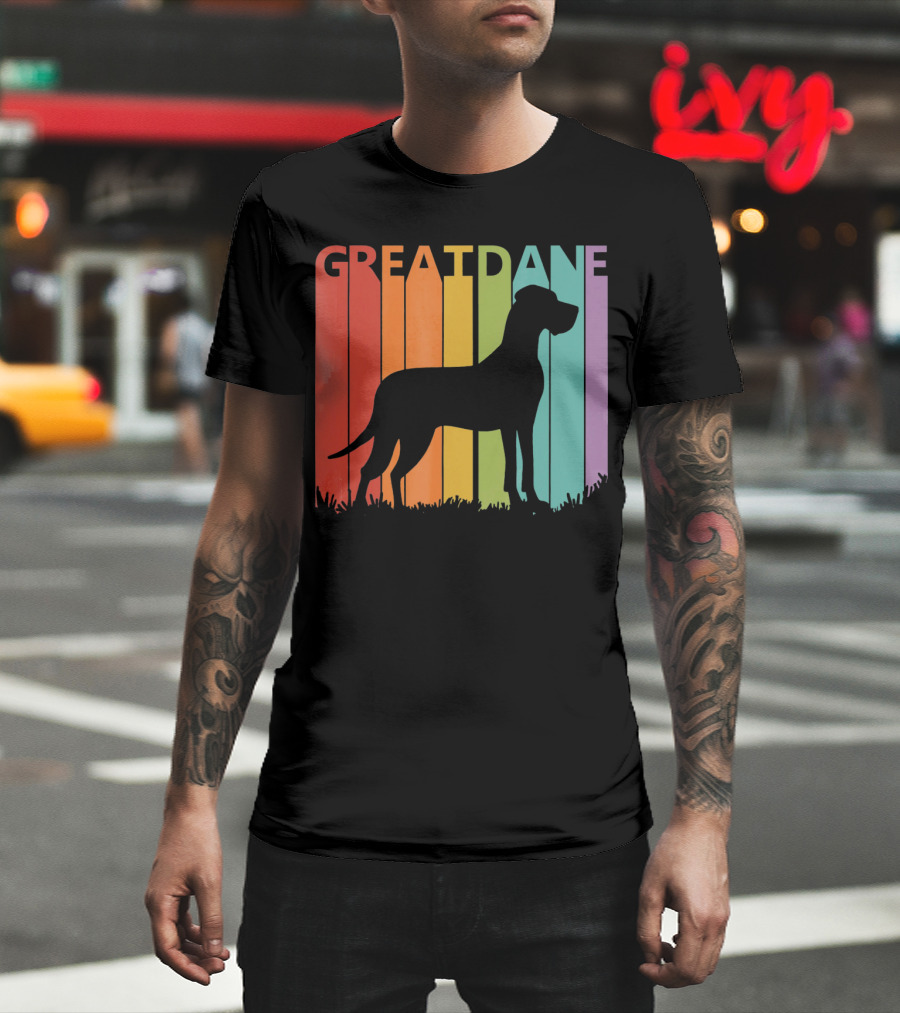 Great Dane Dog Silhouette Retro Rainbow Stripes T-Shirt