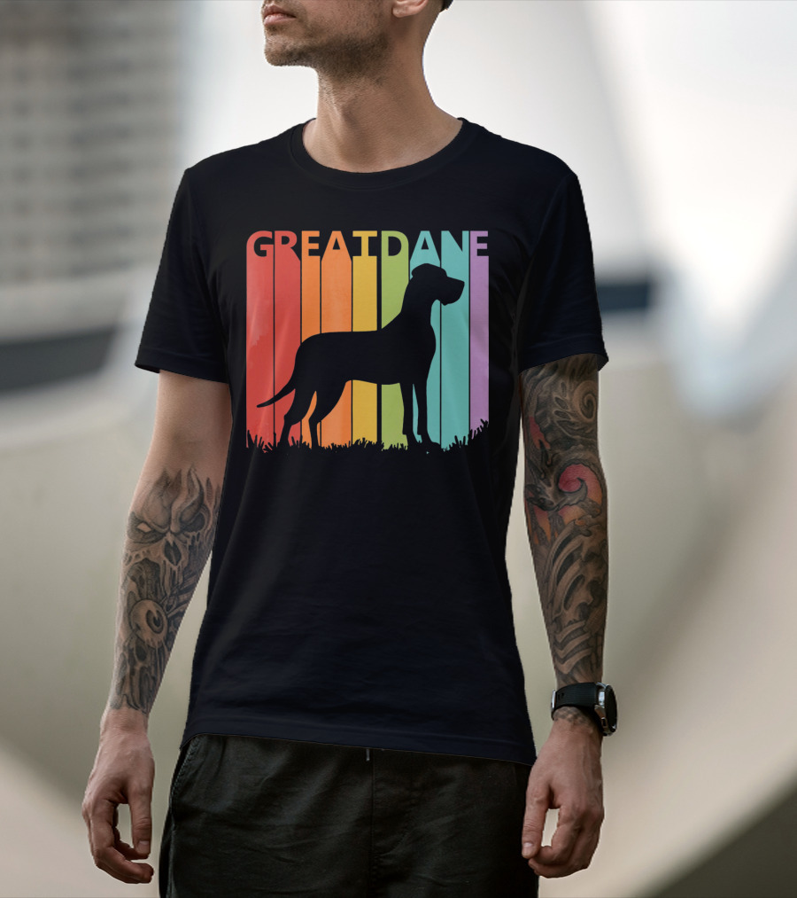 Great Dane Dog Silhouette Retro Rainbow Stripes T-Shirt