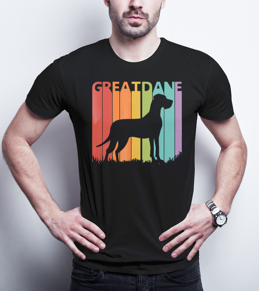 Great Dane Dog Silhouette Retro Rainbow Stripes T-Shirt