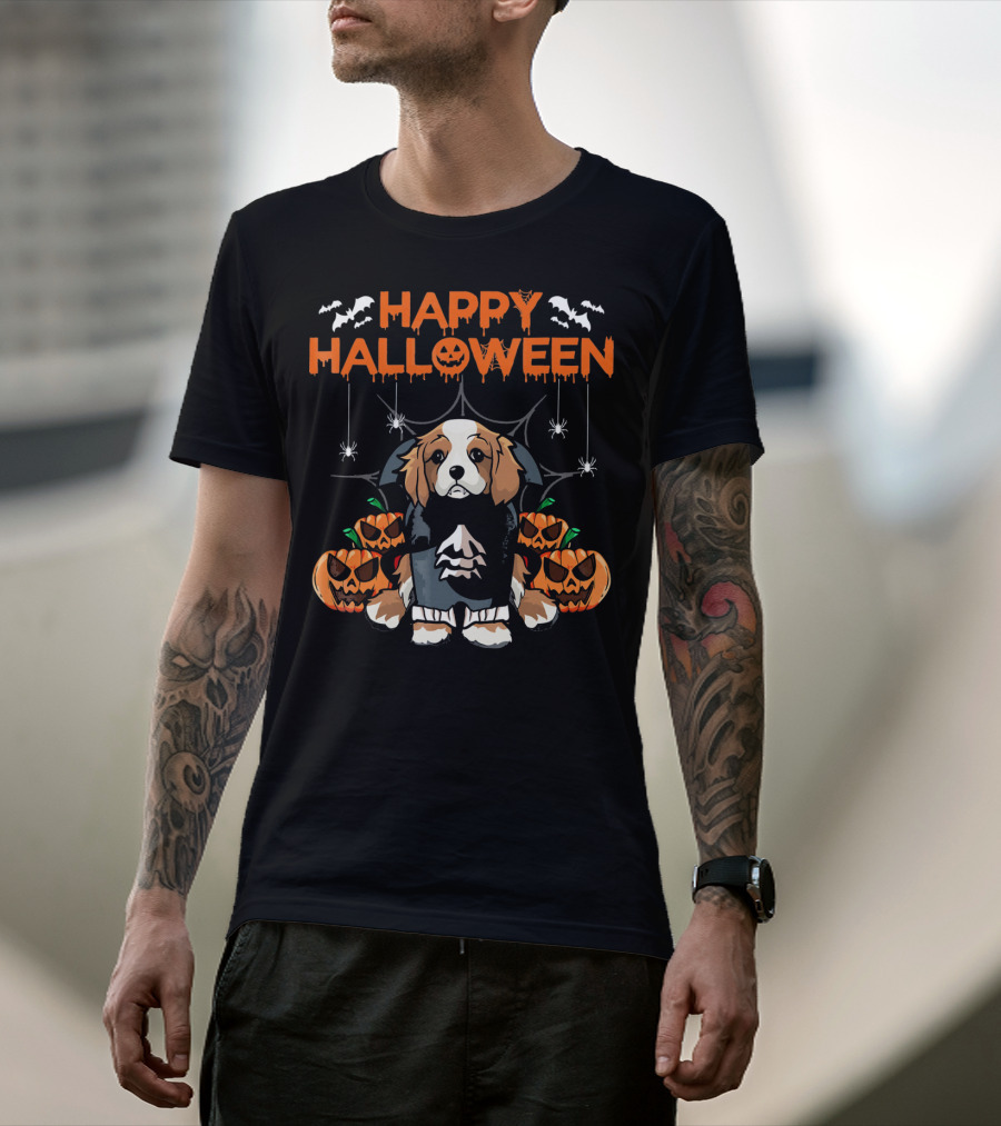 Happy Halloween Vampire Cavalier Dog Surrounded By Pumpkins And Bats T-Shirt