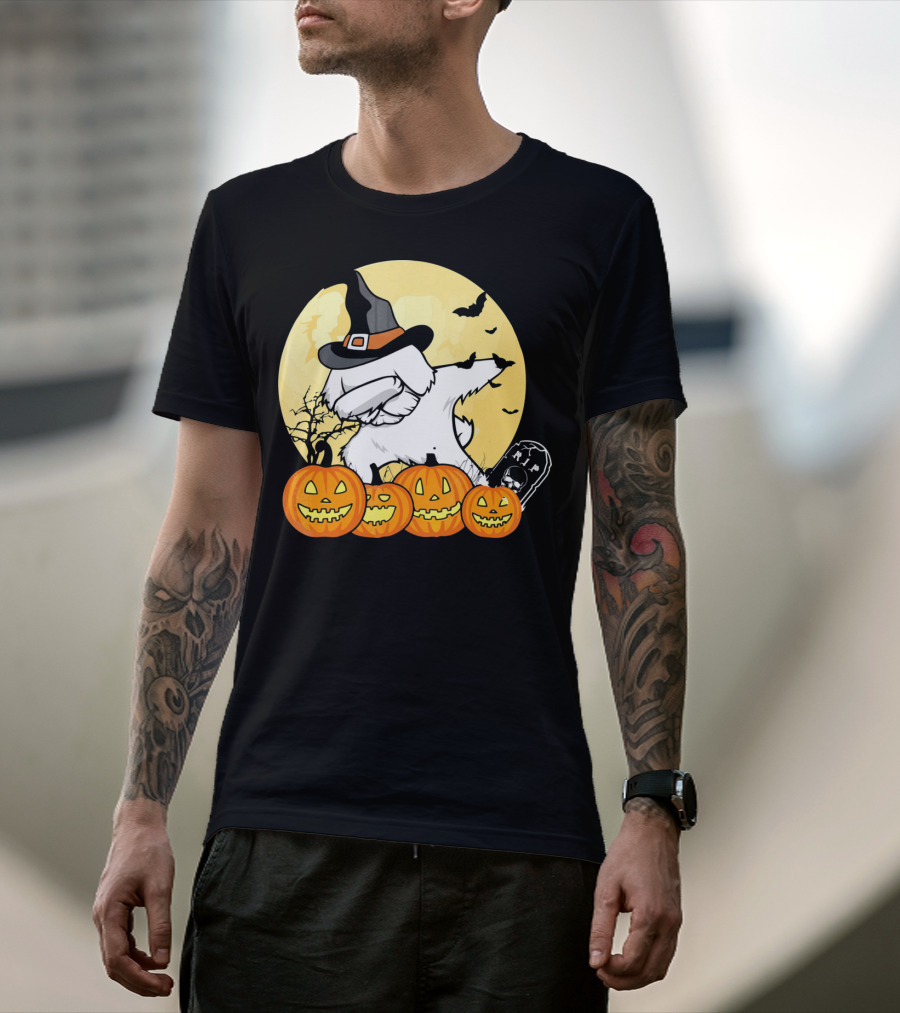Funny Halloween Maltese Dog With Pumpkins And Witch Hat T-Shirt