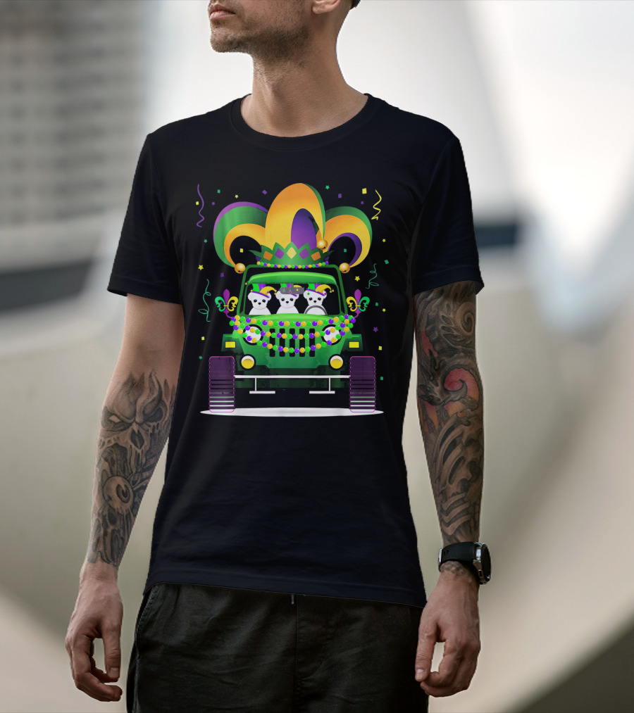 Mardi Gras Maltese Dogs Riding Jeep With Colorful Hat And Beads T-Shirt