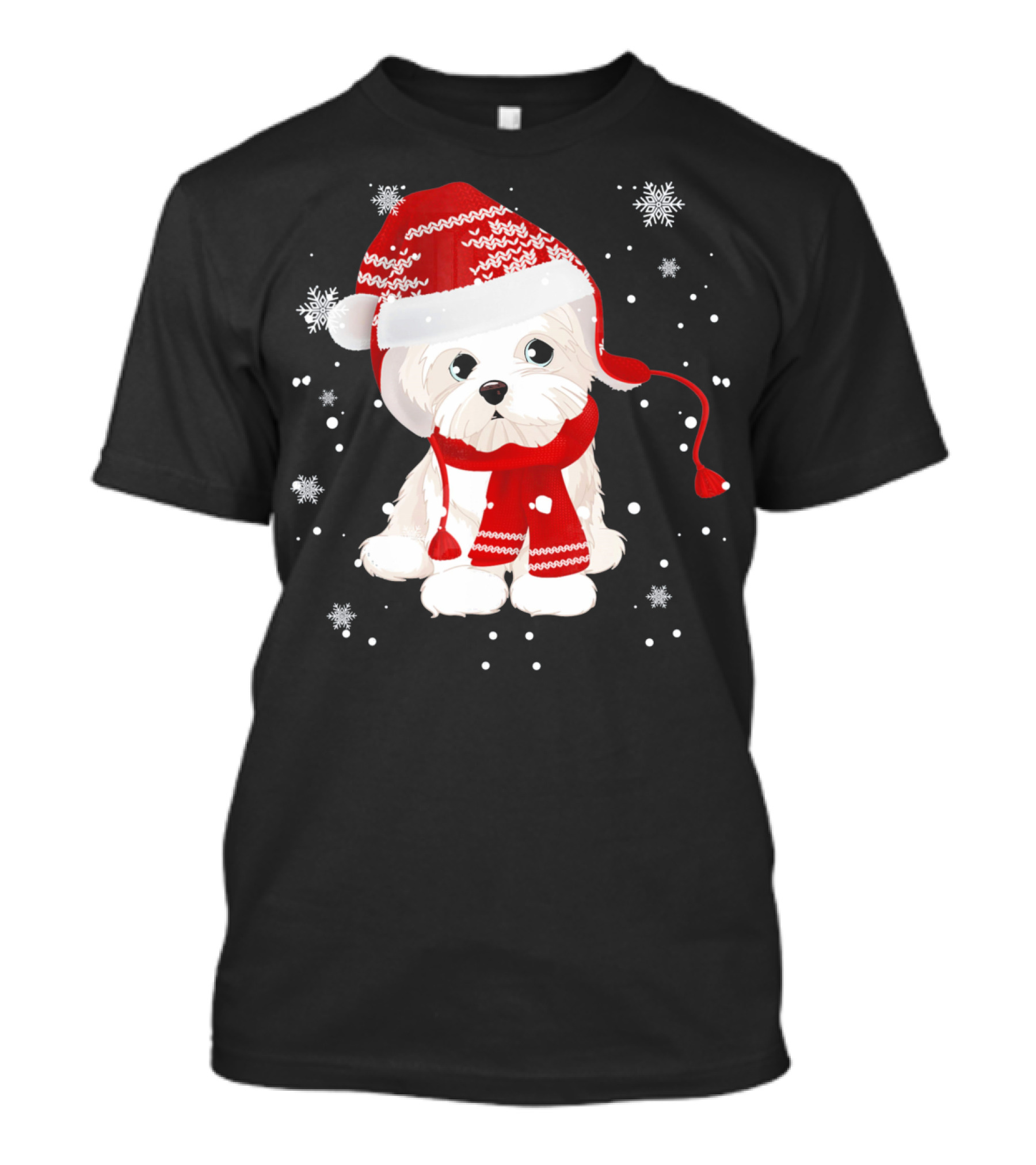 Funny Maltese Santa Hat Scarf Ugly Snowflakes T-Shirt