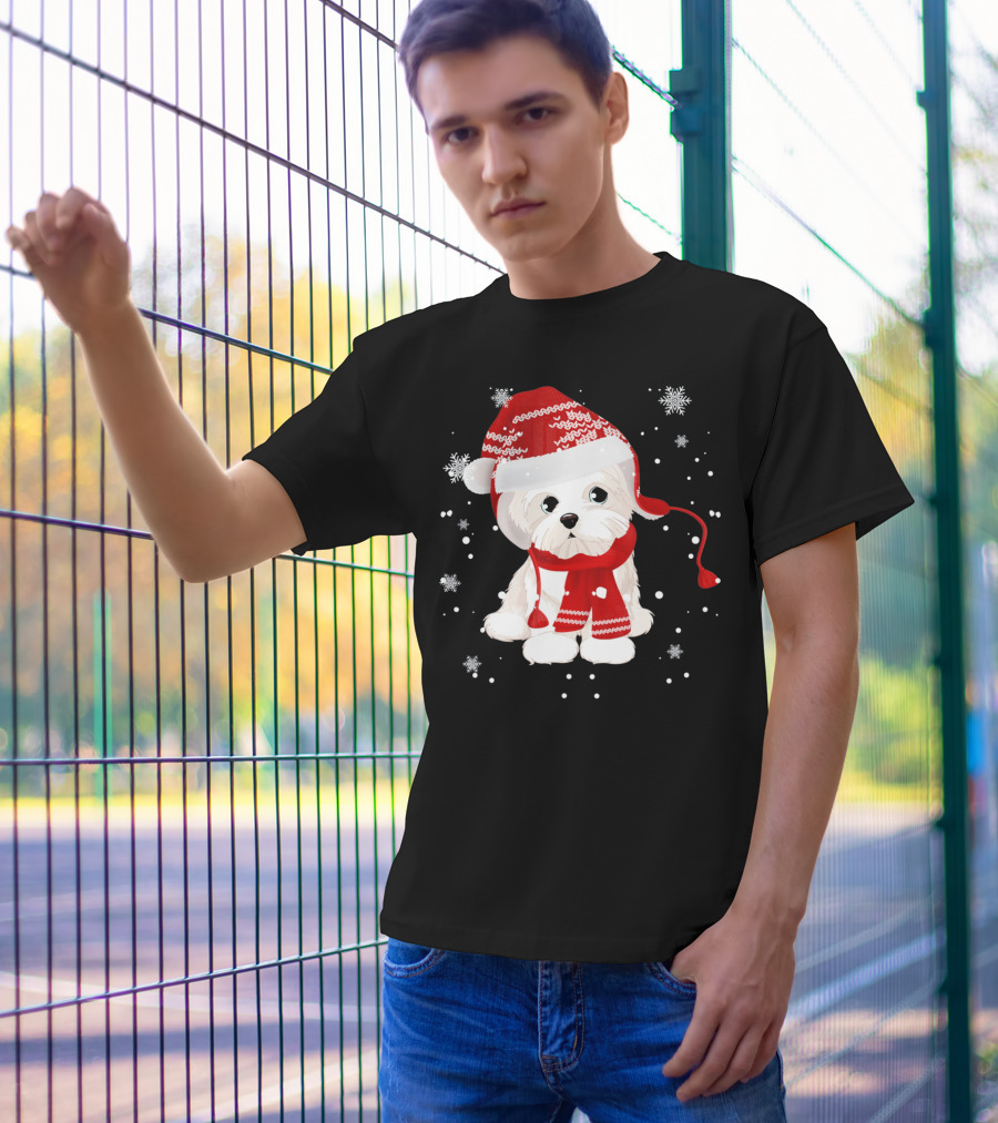 Funny Maltese Santa Hat Scarf Ugly Snowflakes T-Shirt