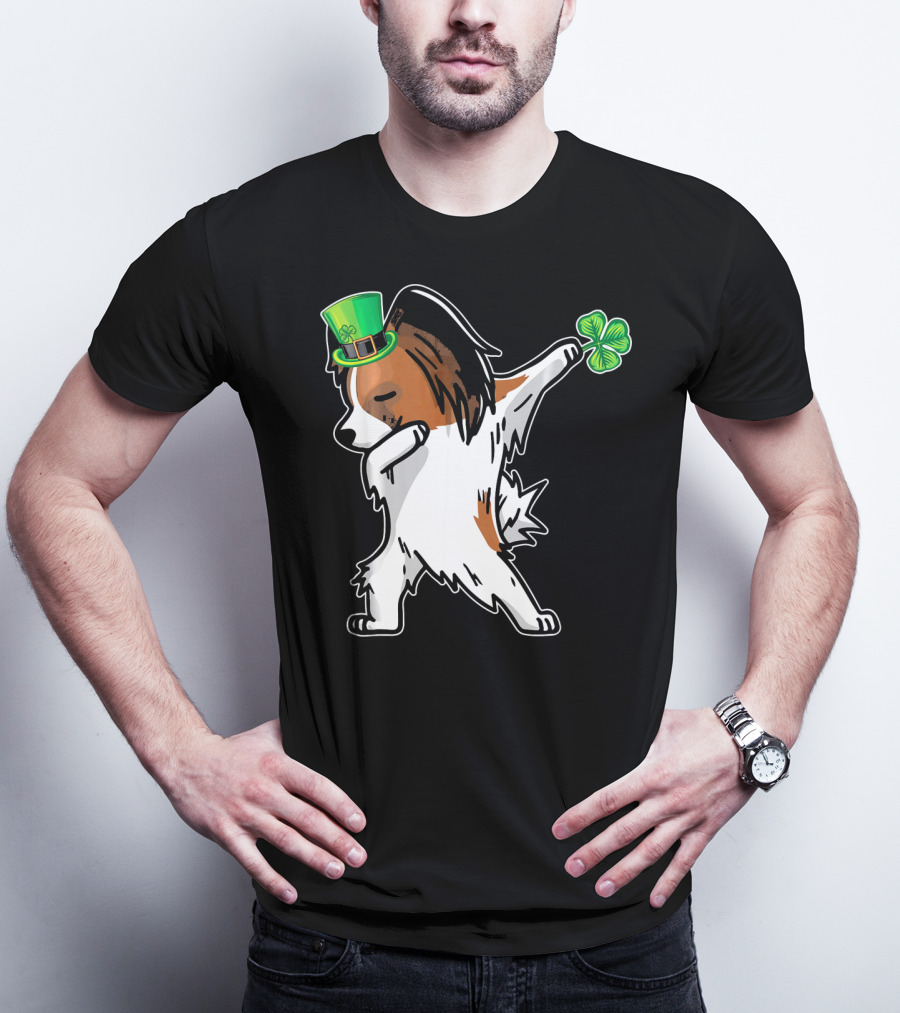 Papillon Dab Dabbing Dance With Shamrock And Leprechaun Hat T-Shirt