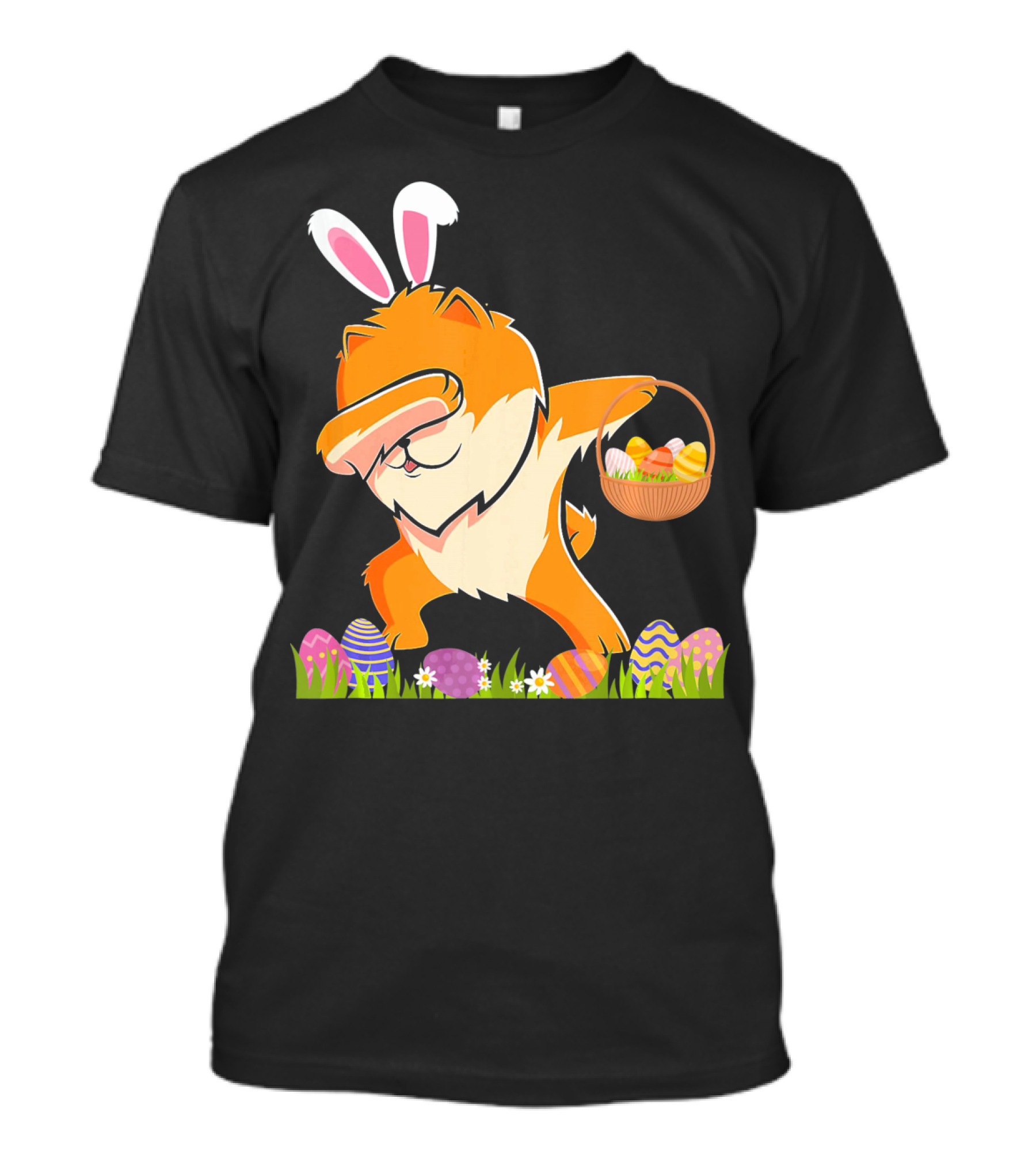 Funny Pomeranian Dabbing Easter Bunny With Eggs And Basket T-Shirt