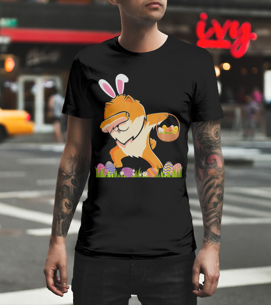 Funny Pomeranian Dabbing Easter Bunny With Eggs And Basket T-Shirt