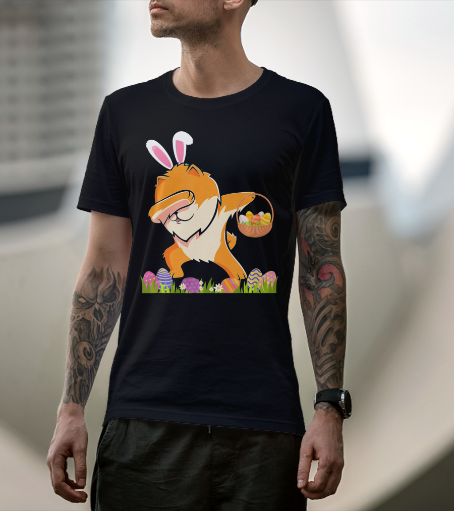 Funny Pomeranian Dabbing Easter Bunny With Eggs And Basket T-Shirt