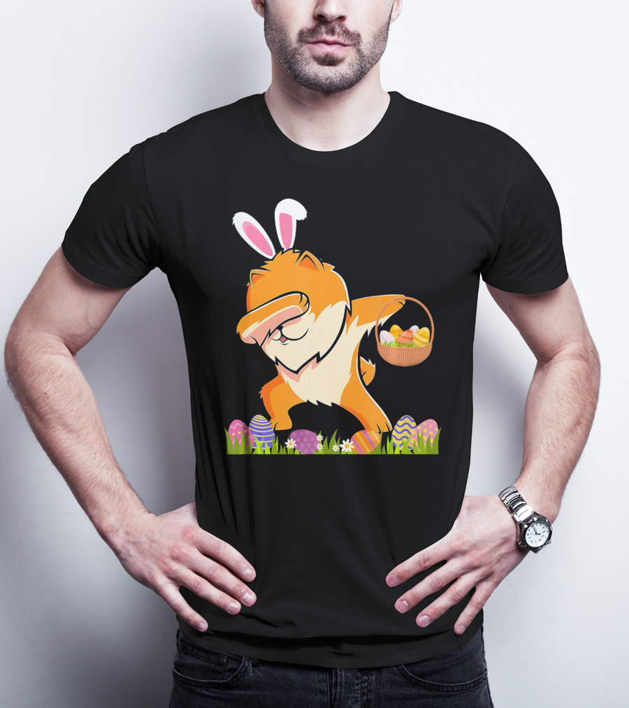 Funny Pomeranian Dabbing Easter Bunny With Eggs And Basket T-Shirt