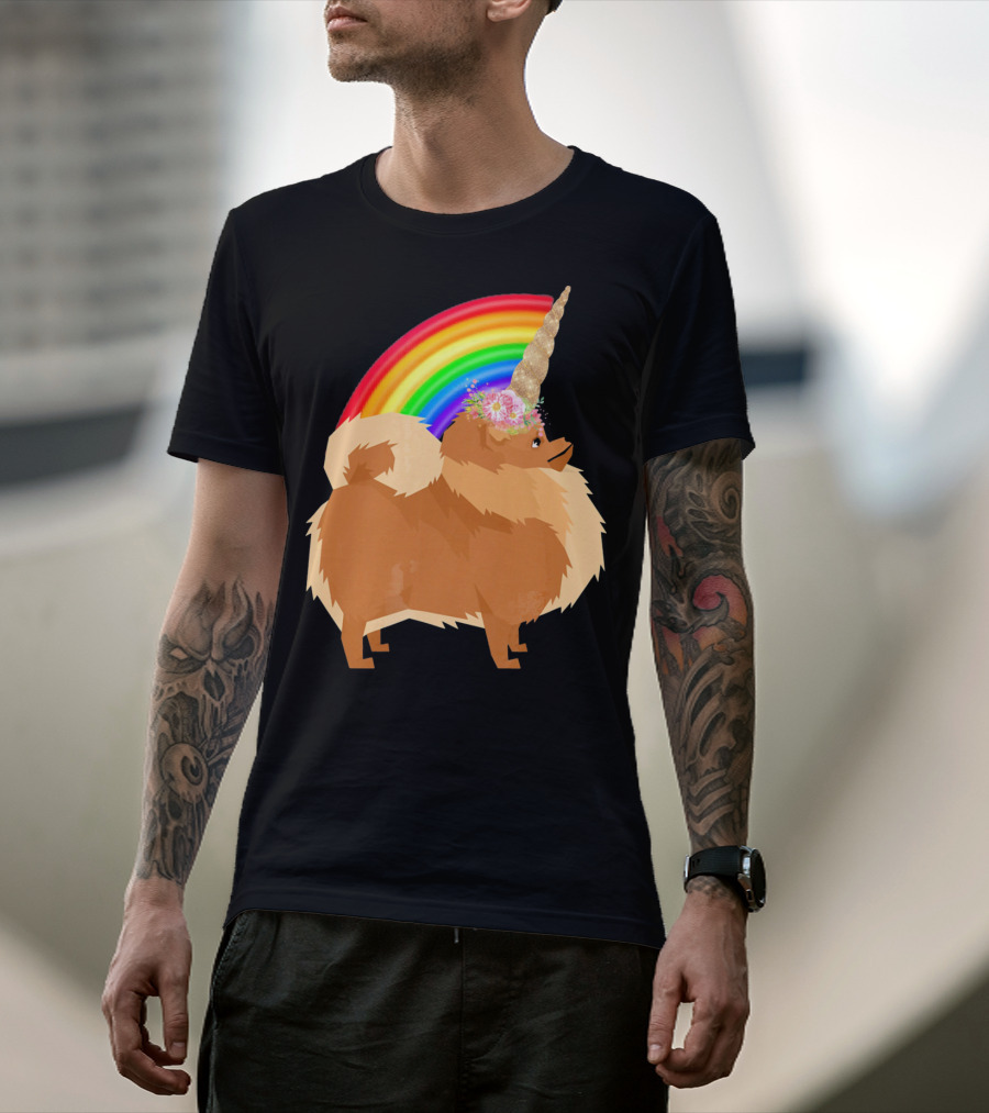 Pomeranian Rainbow Unicorn Dog With Floral Horn And Doodle Elements T-Shirt
