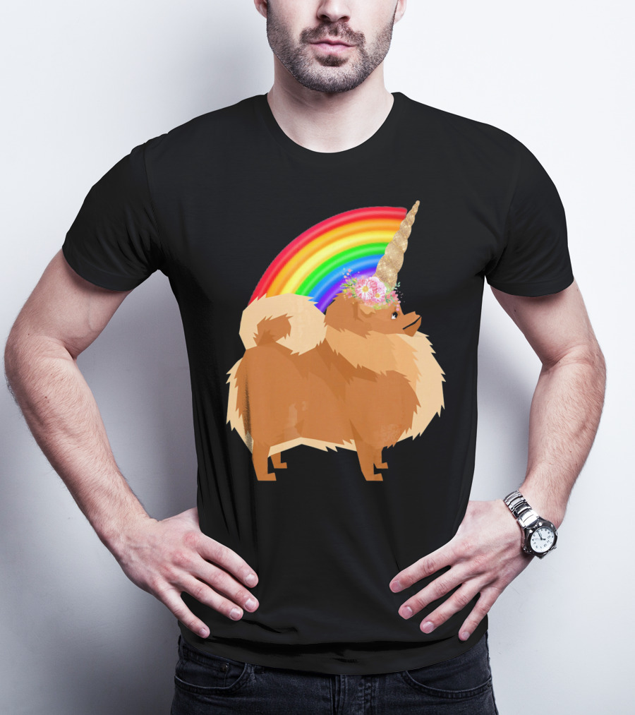 Pomeranian Rainbow Unicorn Dog With Floral Horn And Doodle Elements T-Shirt