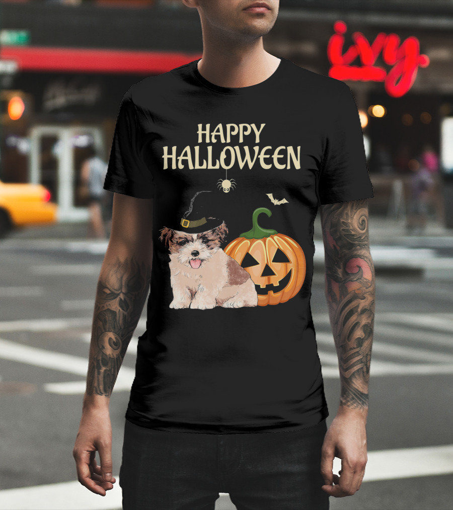 Happy Halloween Shih Tzu With Pumpkin And Witch Hat T-Shirt